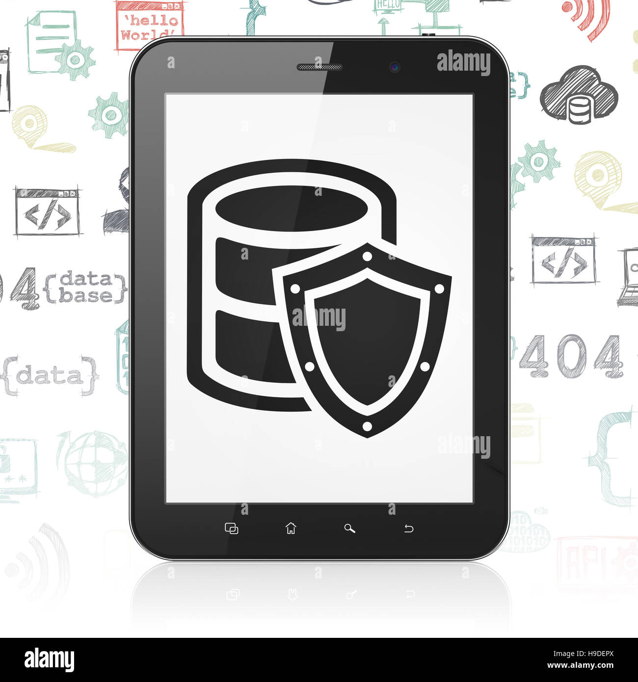 Database concept: Tablet Computer with Database With Shield on display ...