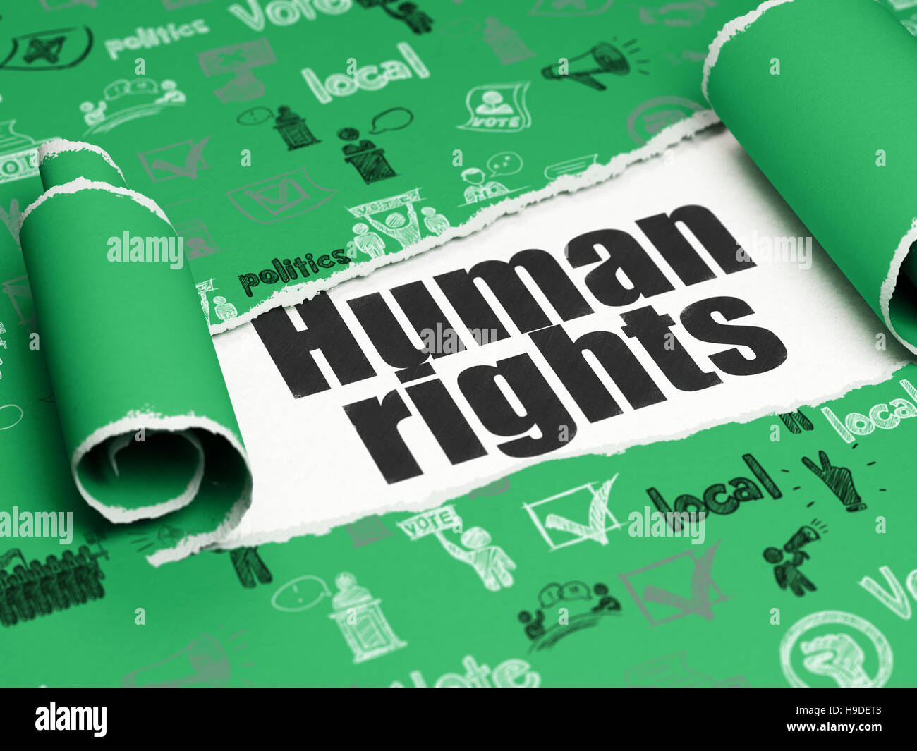 Political concept: black text Human Rights under the piece of torn ...