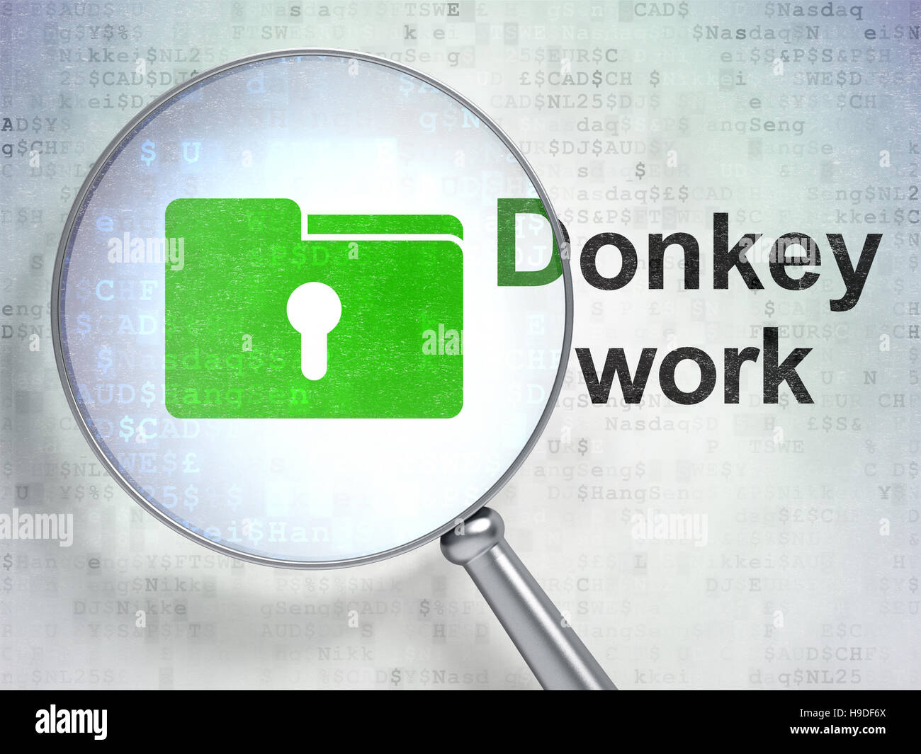 Finance concept: Folder With Keyhole and Donkey Work with optical glass ...