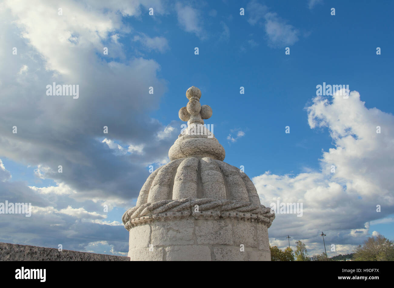 Beautiful cloudy sky seen from Belem Tower Manueline style pinnacle, in ...