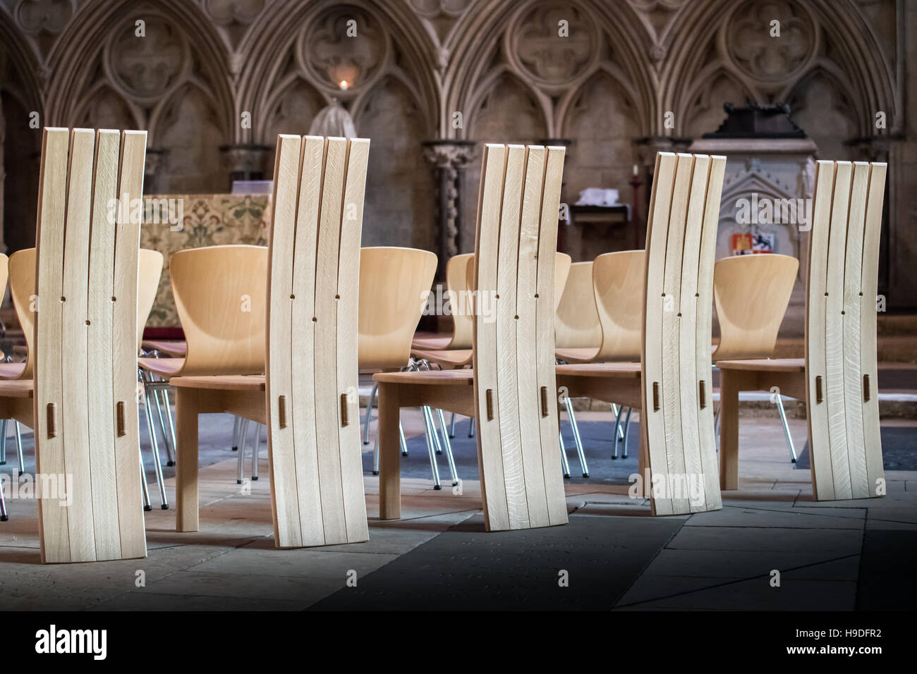 Row of chairs at the medieval cathedral, Lincoln, England Stock Photo ...