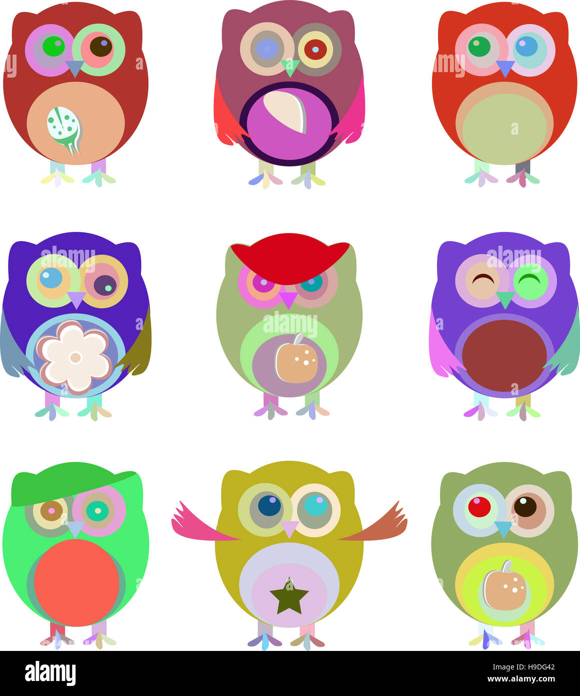 Set of nine cartoon owls with various emotions Stock Photo - Alamy
