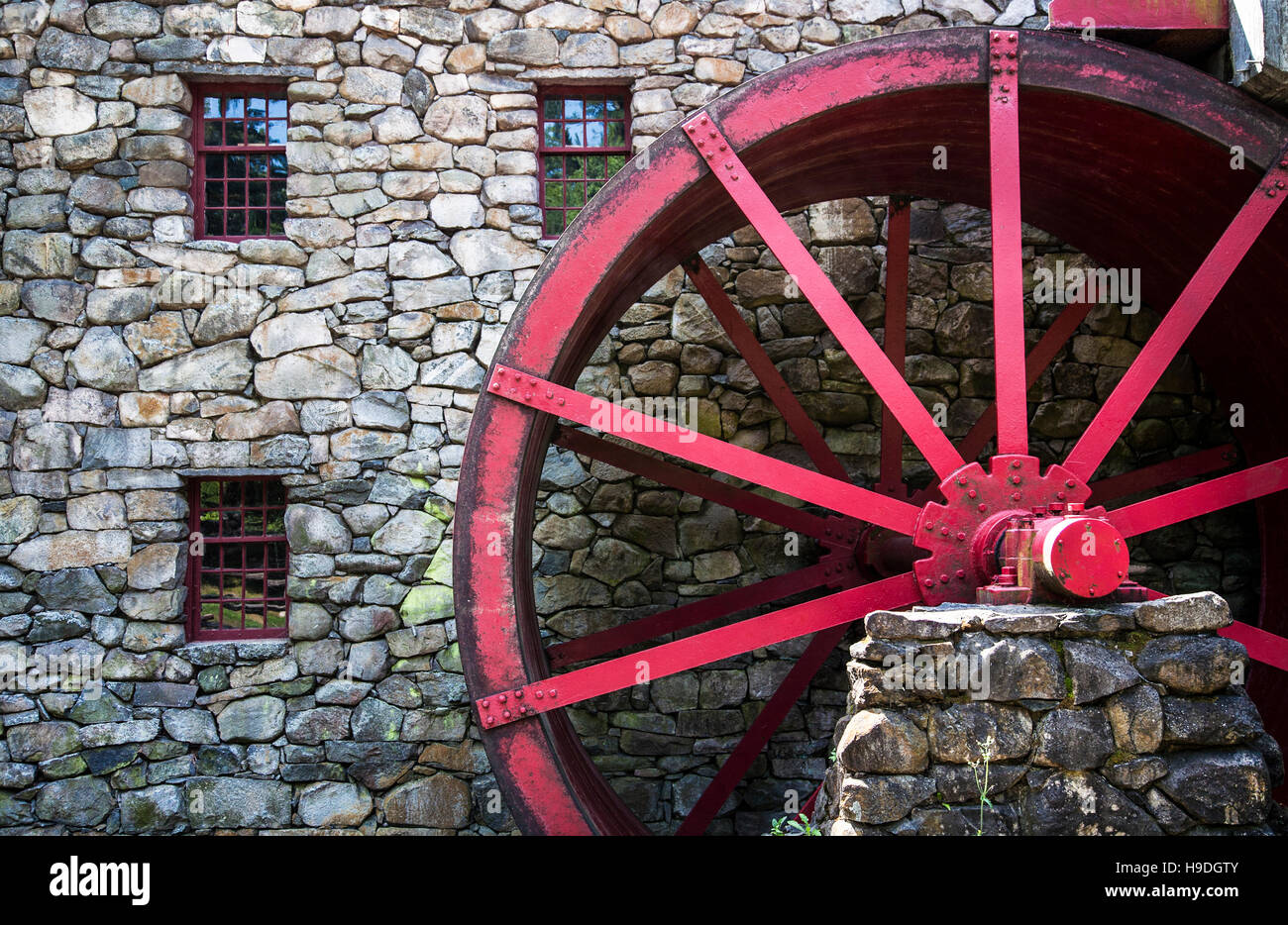 Close up red water wheel at the historic Sudbury Grist Mill and museum ...