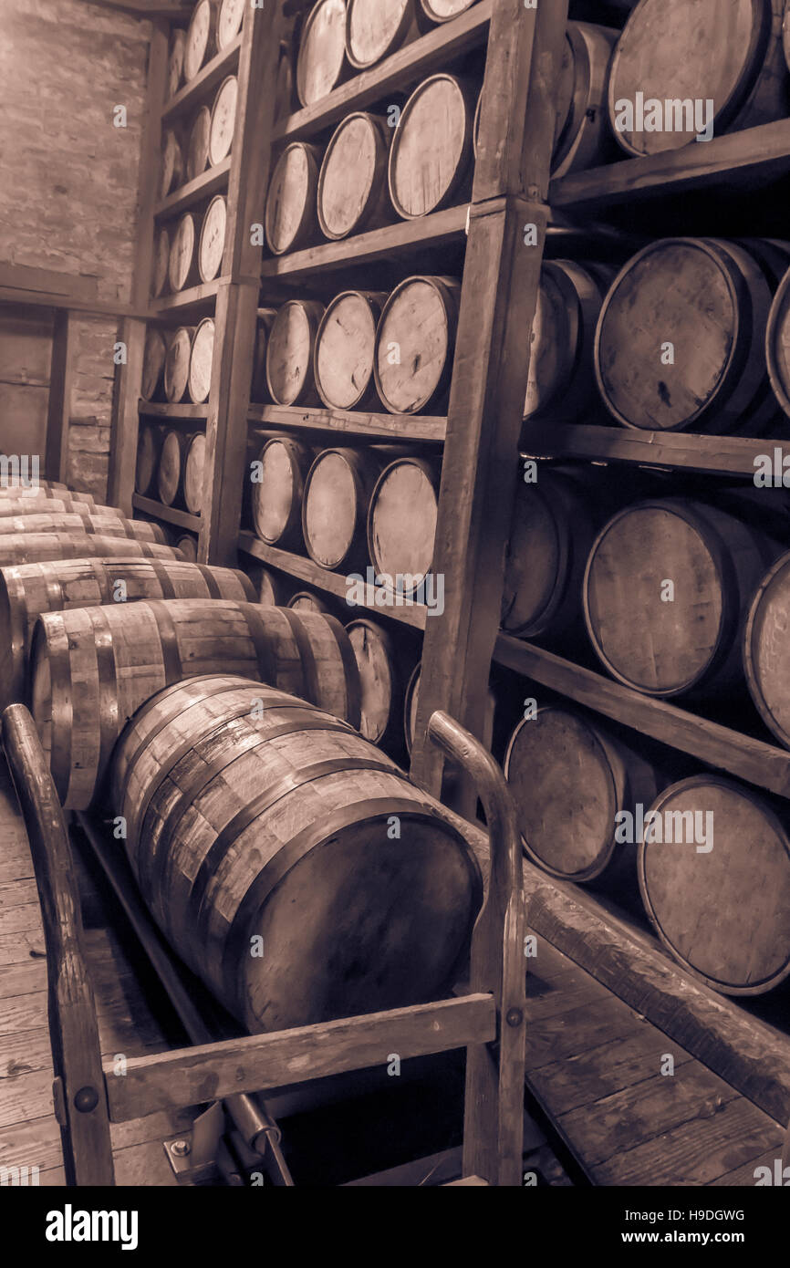 Oak barrels aging inside Rik house in vintage tones Stock Photo - Alamy