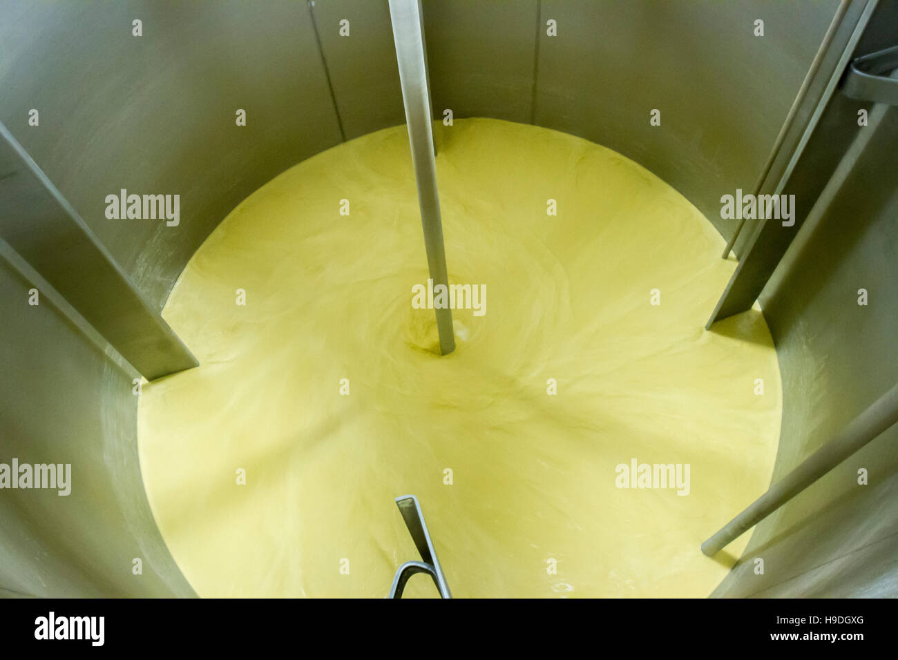 Inside aluminum fermentation vat with corn mash and water in craft ...