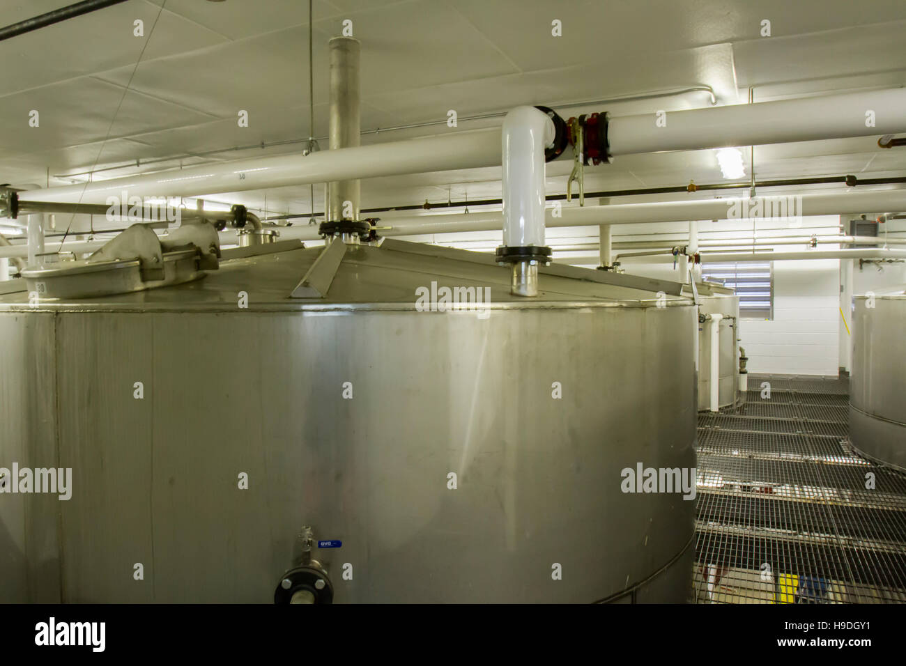 Inside modern fermentation room with large metal vats in bourbon ...