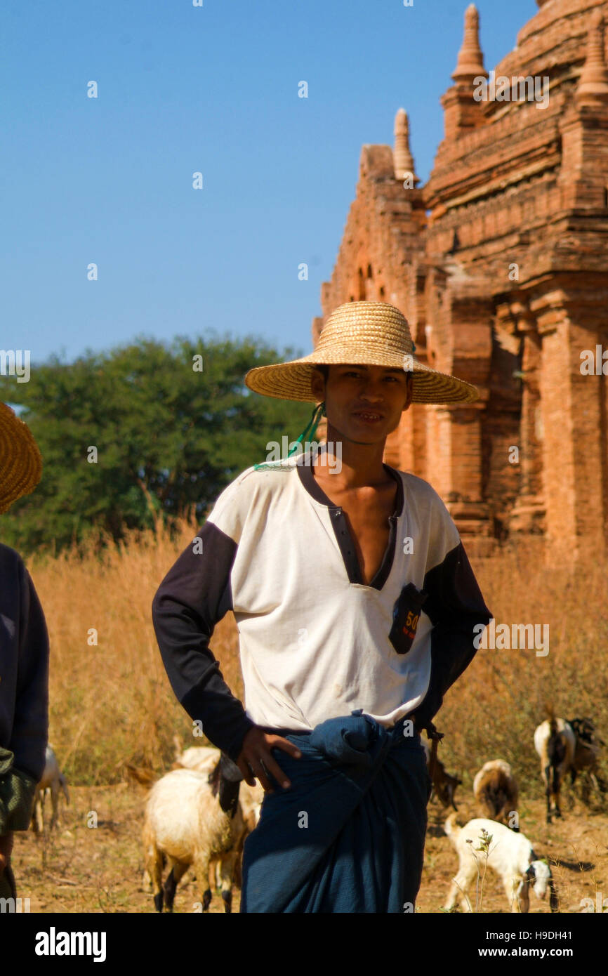 A goat herder in Bagan in Myanmar, an ancient city on a vast flat plain ...