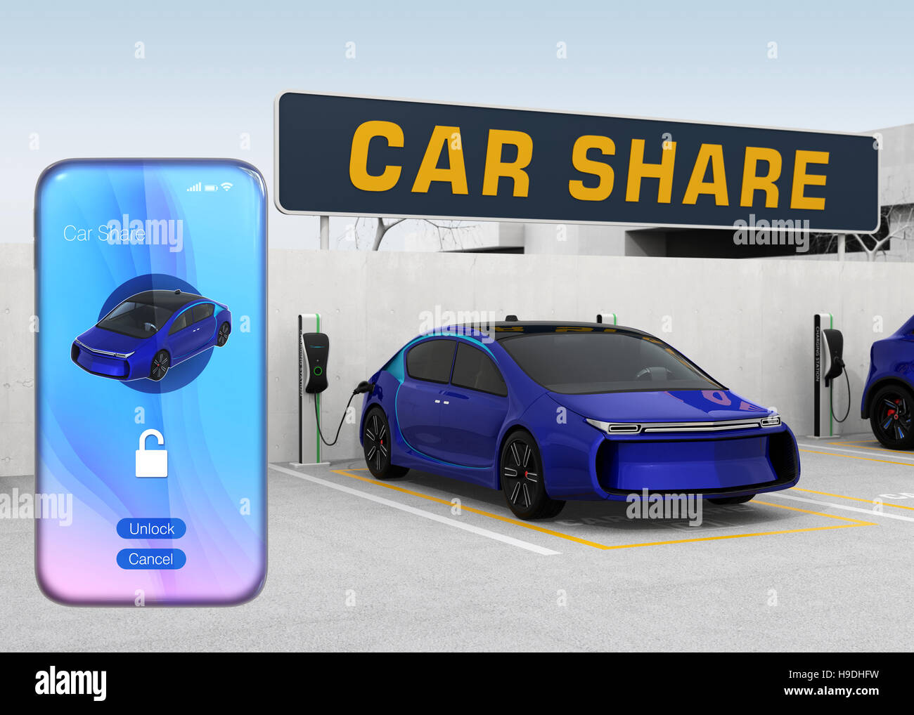 Smart phone with car sharing app in front of the blue car. Concept for ...