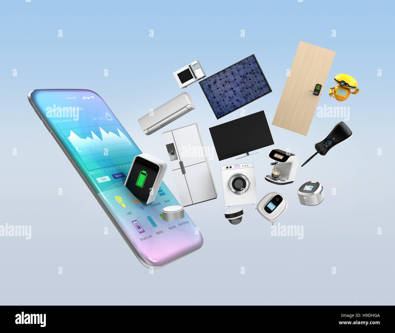 Smart appliances pop up from smart phone. Concept for home automation ...