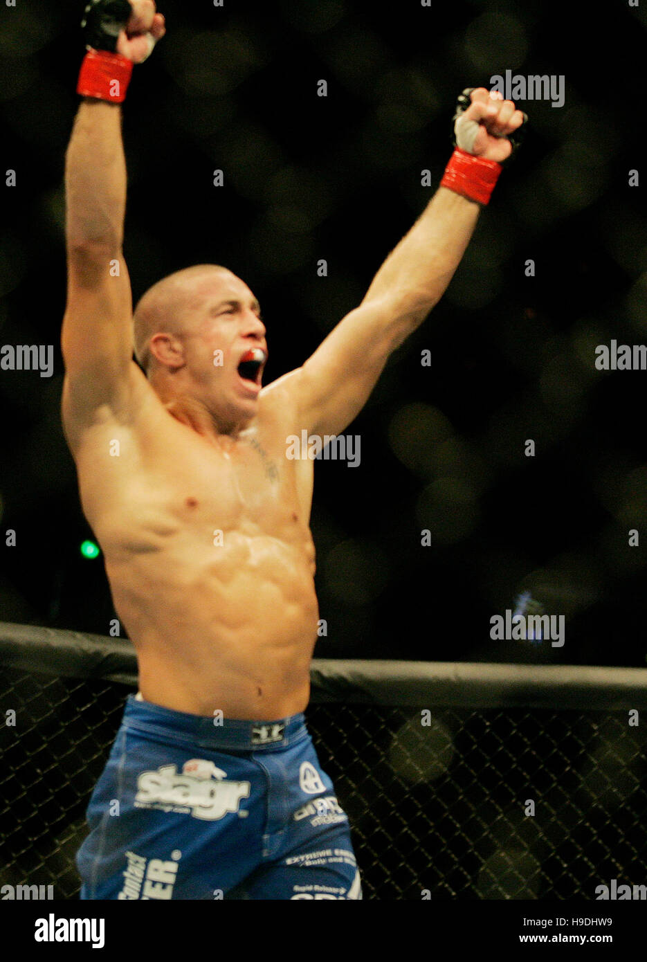 Georges St. Pierre celebrates his victory over Matt Hughes during ...