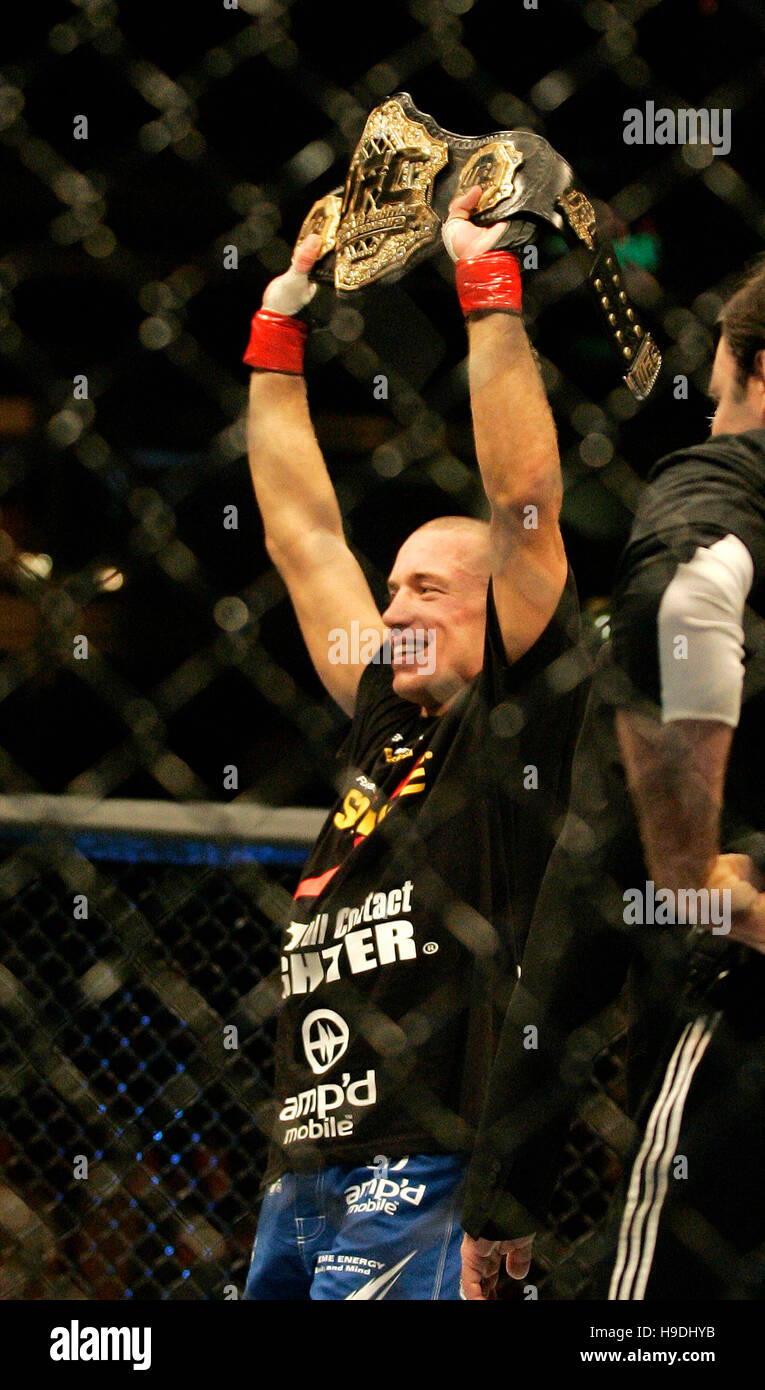 Georges St. Pierre celebrates his victory over Matt Hughes during ...