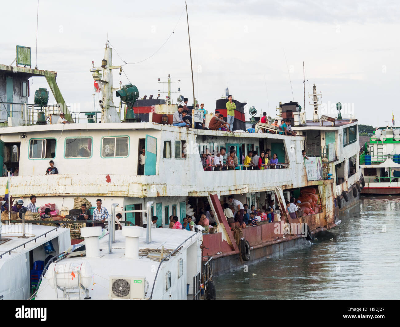 Ferries at the main ferry port in Sittwe, the capital of the Rakhine ...