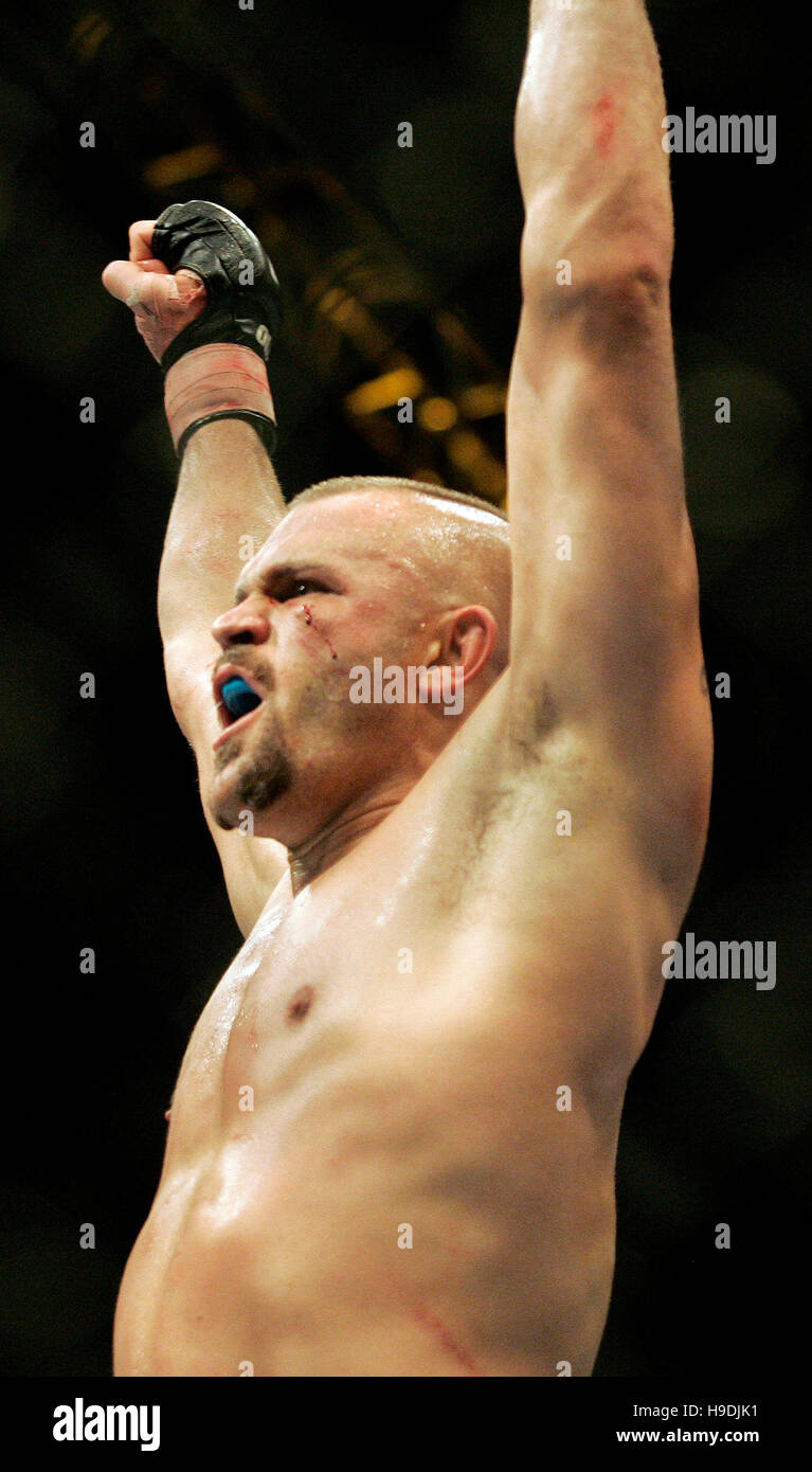 Chuck Liddell celebrates his victory over Tito Ortiz at the Ultimate ...