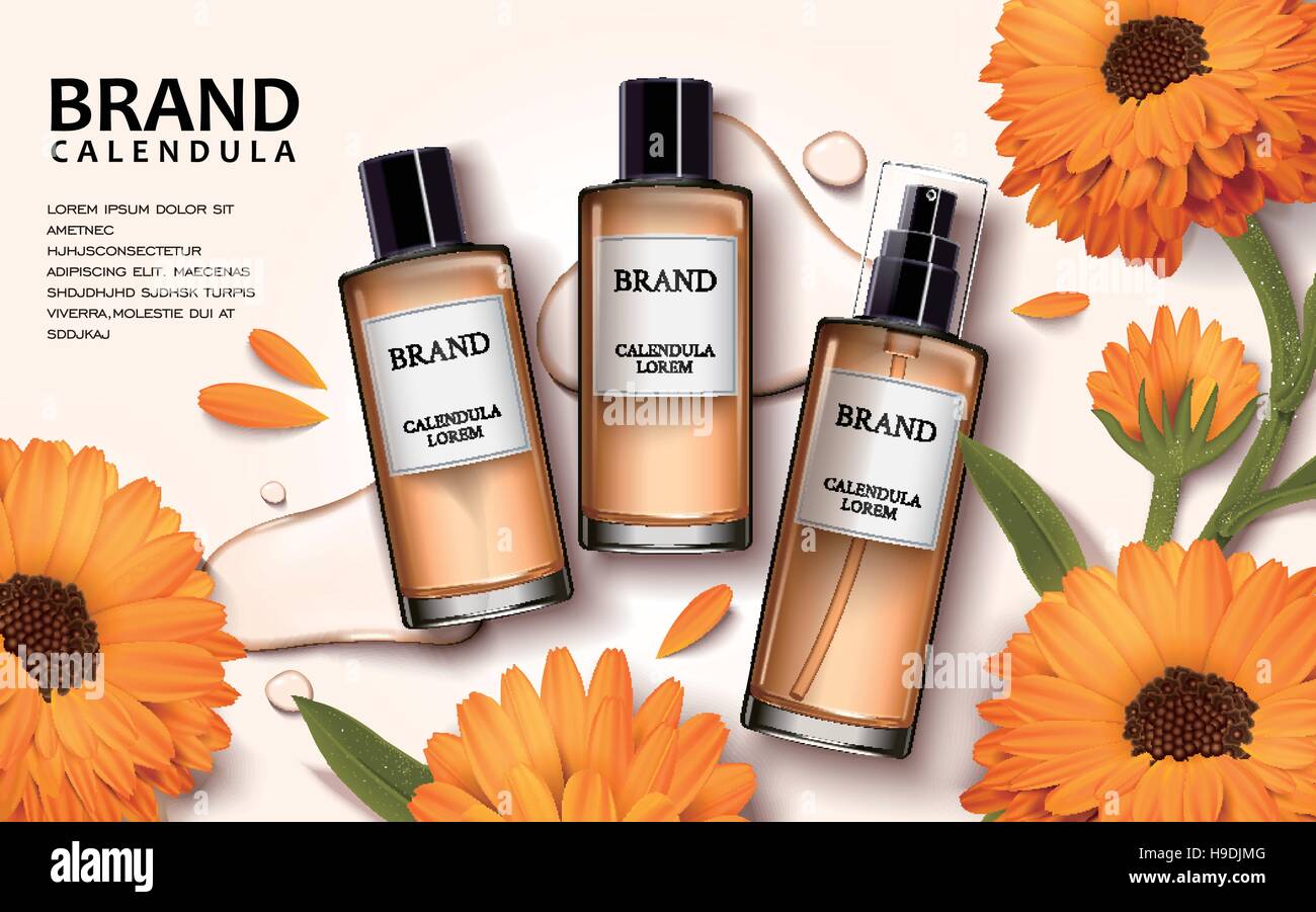Calendula skin toner ads, 3d illustration cosmetic ads design with top ...