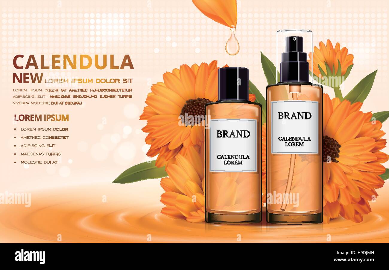 Calendula skin toner ads, 3d illustration cosmetic ads design with ...