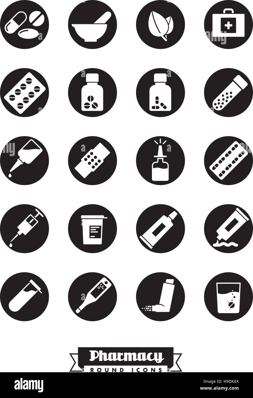 Collection of solid black round pharmacy and medicine glyph icons Stock ...
