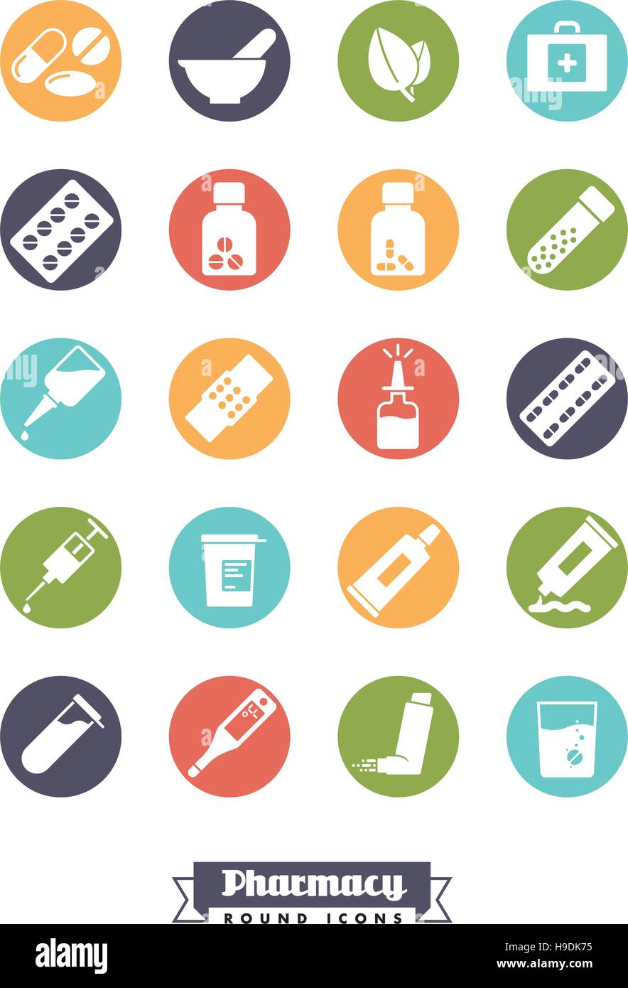 Collection of solid color round pharmacy and medicine glyph icons Stock ...