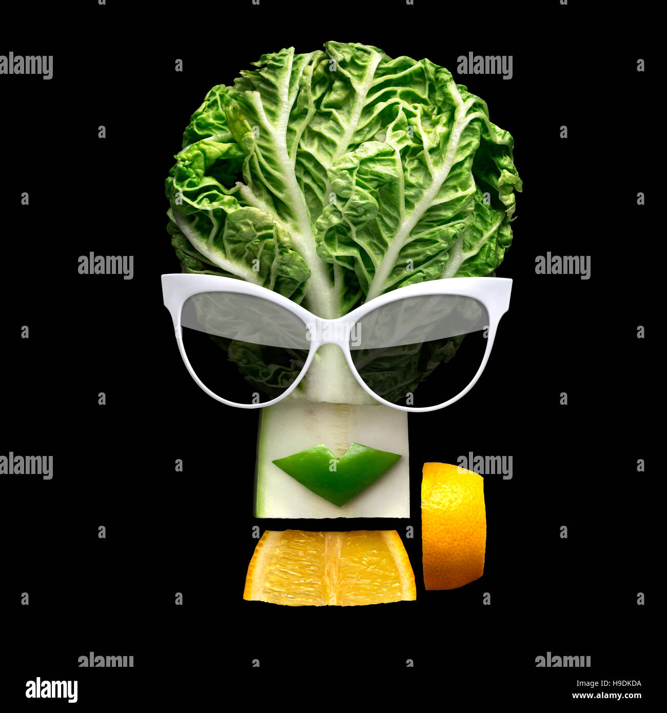 Quirky food concept of cubist style female face in sunglasses made of ...