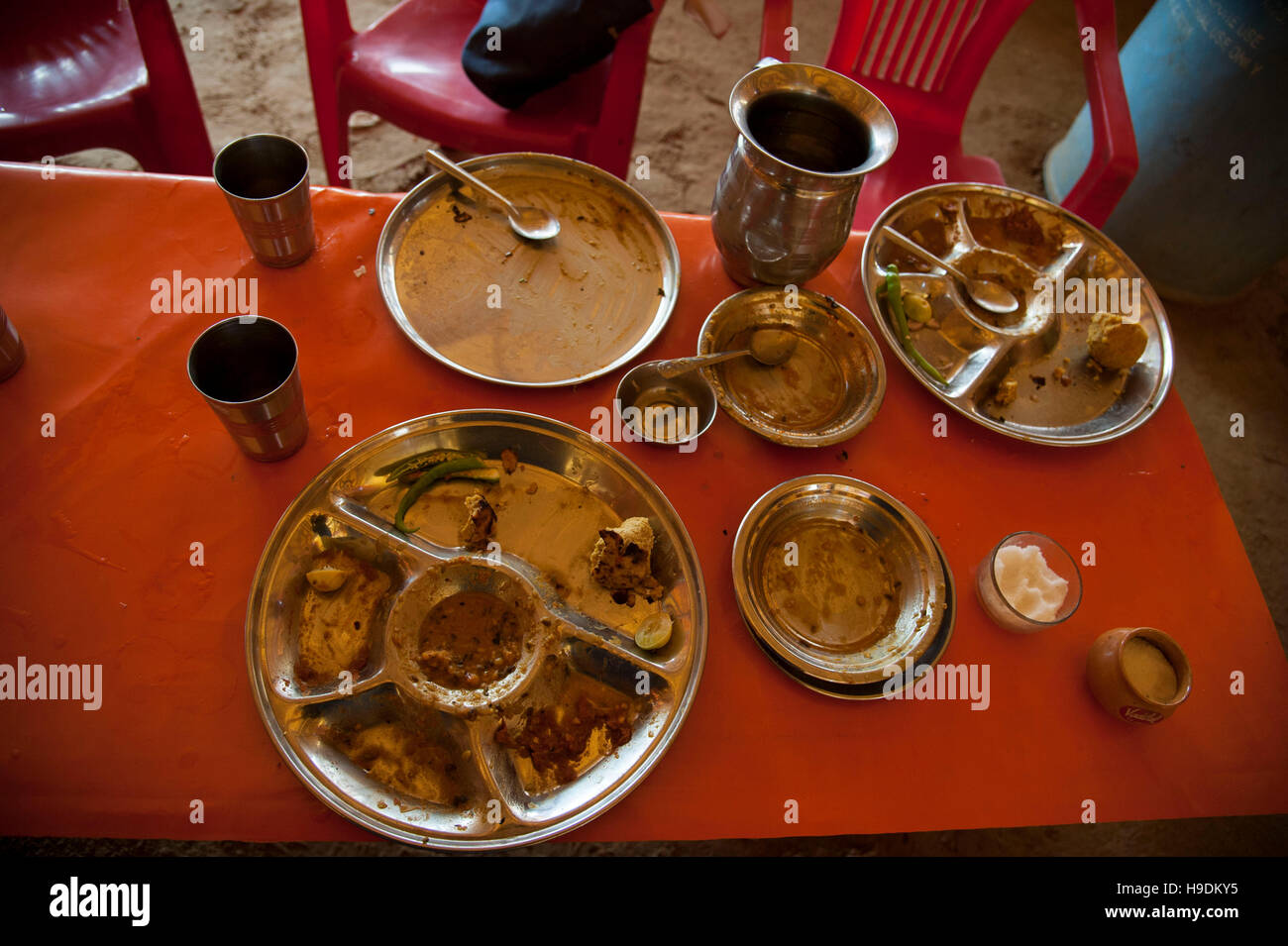 Dirty steel utensil Dishes on Table after Meal in restaurant at Camel ...