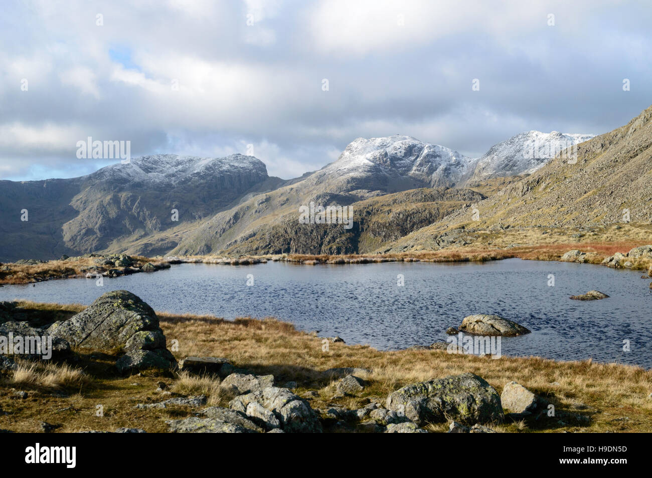 The Scafell massif from Three Tarns between Bowfell and Crinkle Crags ...