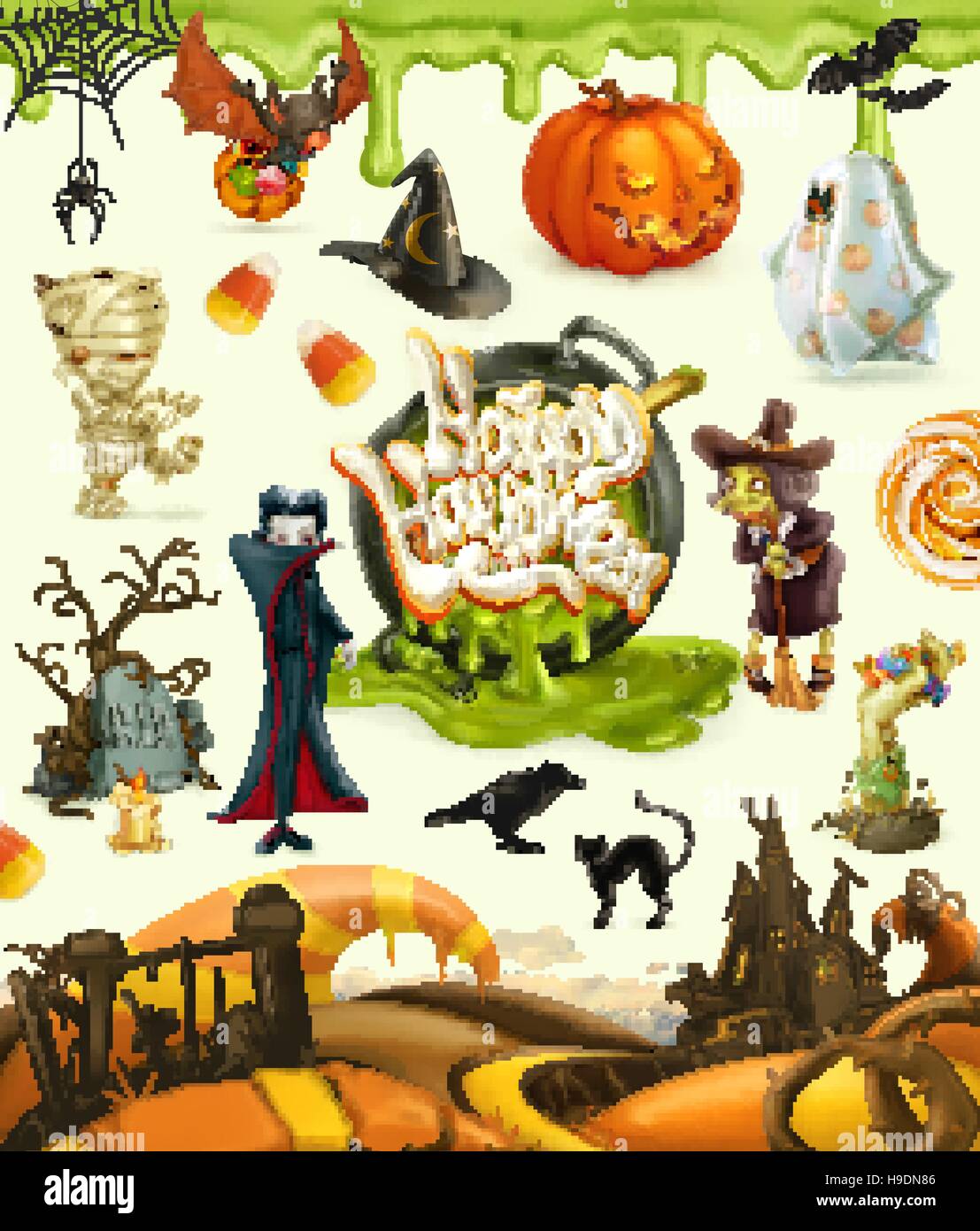 Halloween 3d vector illustrations. Pumpkin, ghost, spider, witch ...