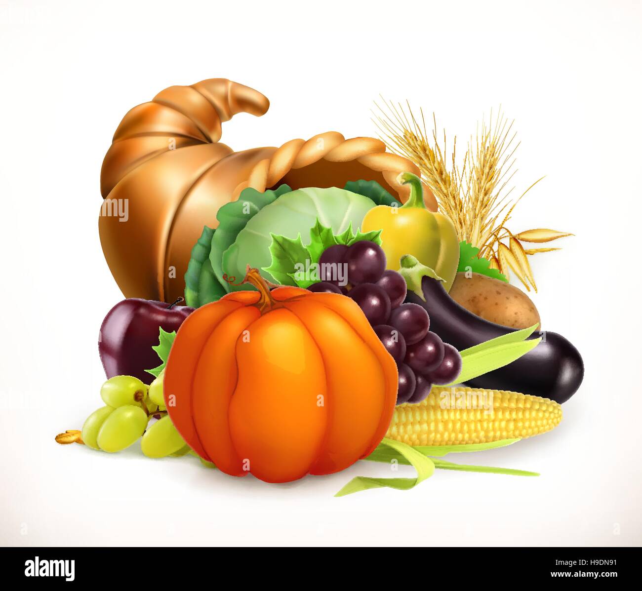 Horn of plenty. Harvest fruits and vegetables. Cornucopia. 3d vector ...