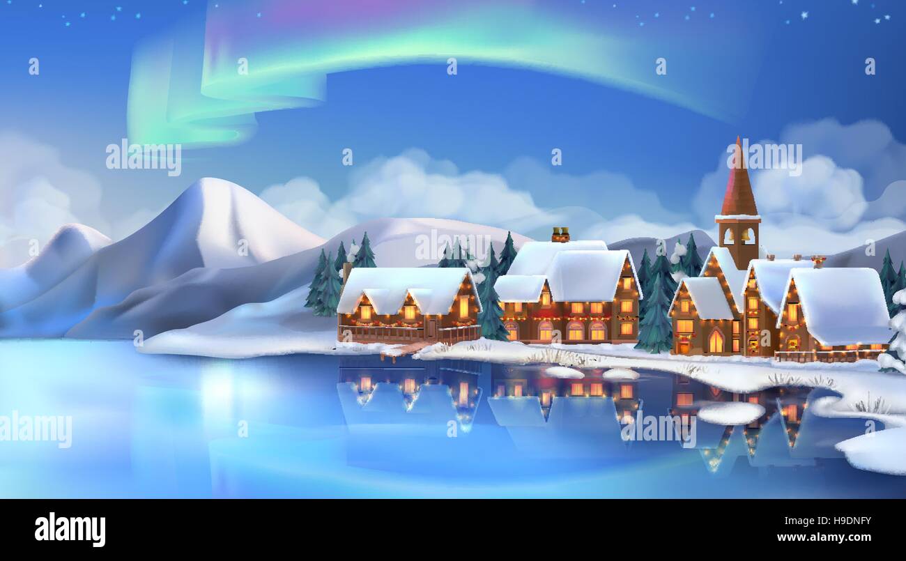 Winter landscape. Christmas cottages. Festive Christmas decorations ...