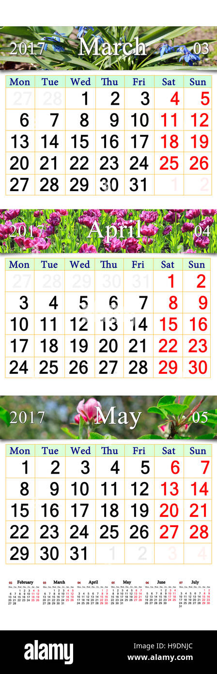 office triple calendar for March April and May 2017 with photo of ...