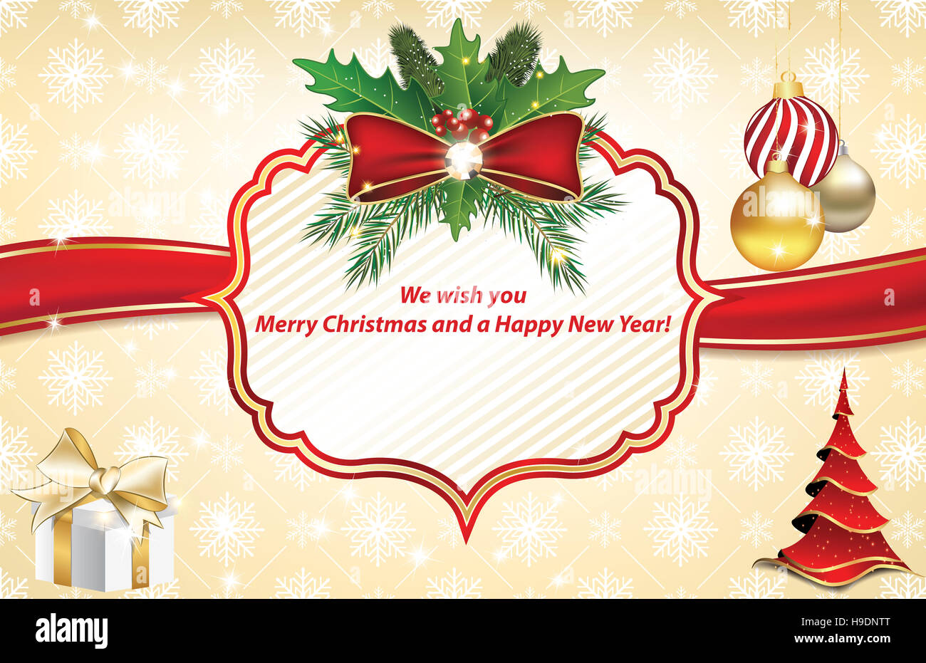 Elegant winter holiday greeting card. We wish you Merry Christmas and a ...