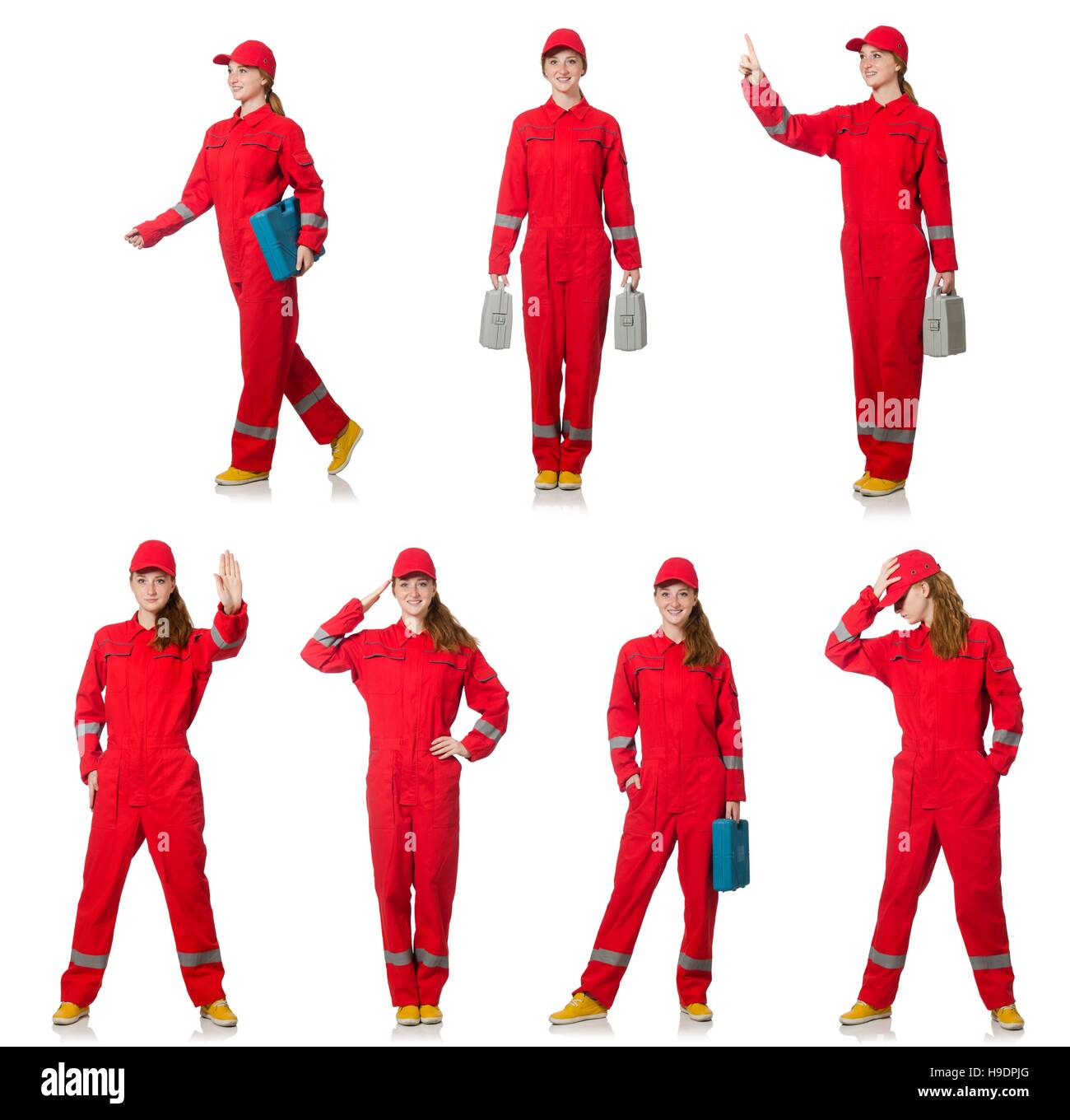 Woman in red overalls isolated on white Stock Photo - Alamy