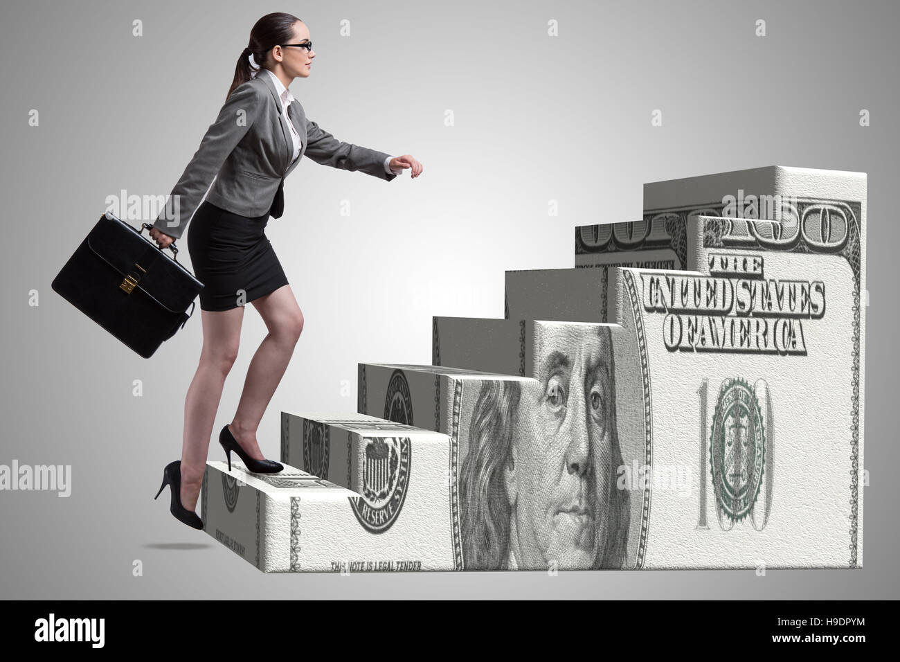 Businesswoman climbing dollar ladder concept Stock Photo - Alamy