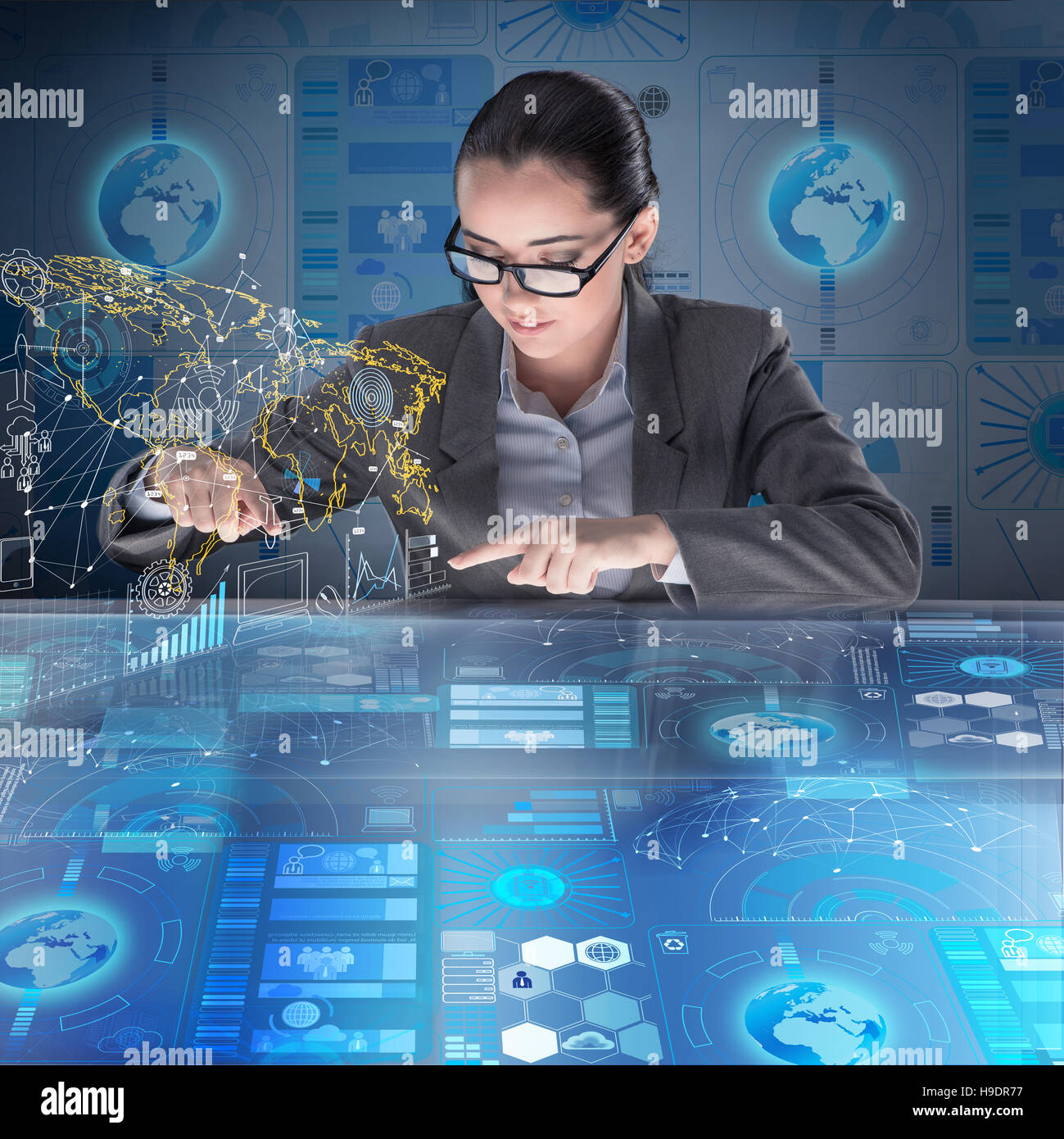 Futuristic media sharing concept with woman Stock Photo - Alamy