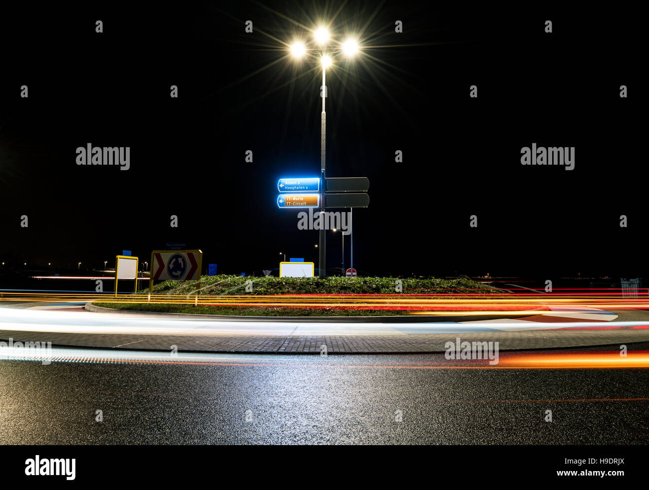 A dark roundabout at night near the TT circuit in Assen, the ...