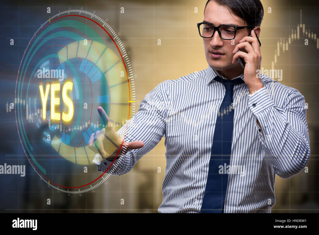 Businessman pressing virtual button YES Stock Photo - Alamy