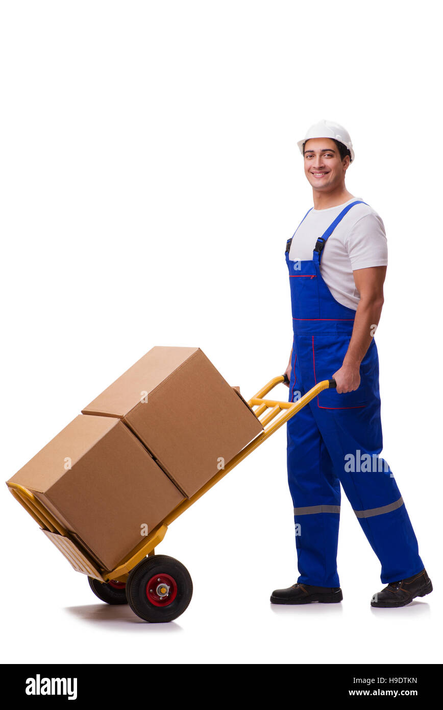 Man with boxes isolated on white Stock Photo - Alamy