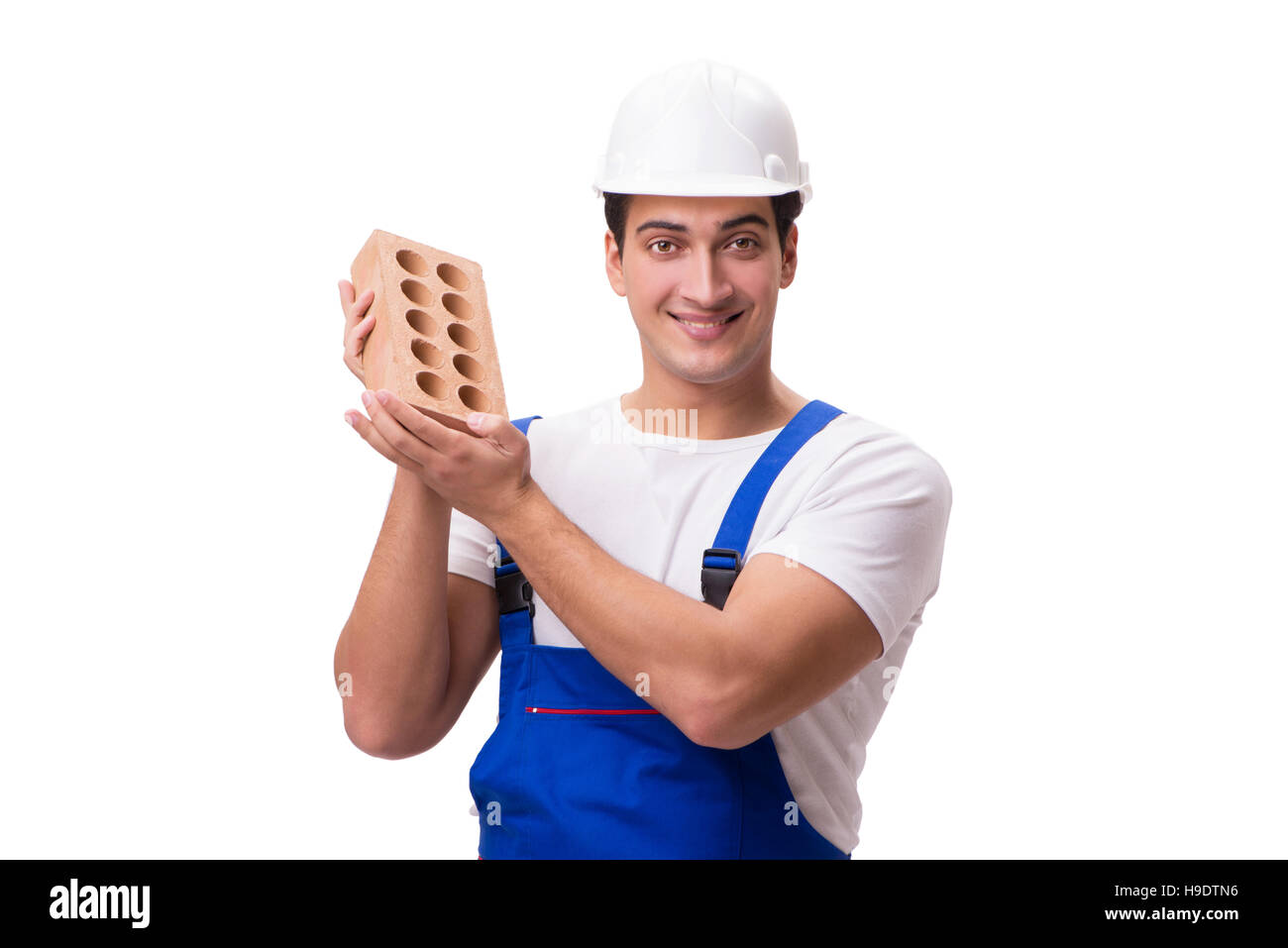 Man with brick isolated on white Stock Photo - Alamy