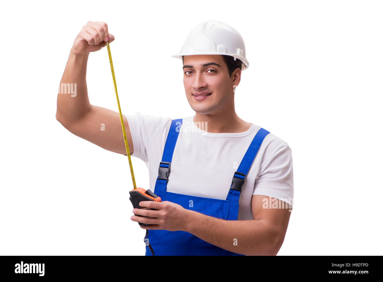 Man with tape measure isolated on white Stock Photo - Alamy