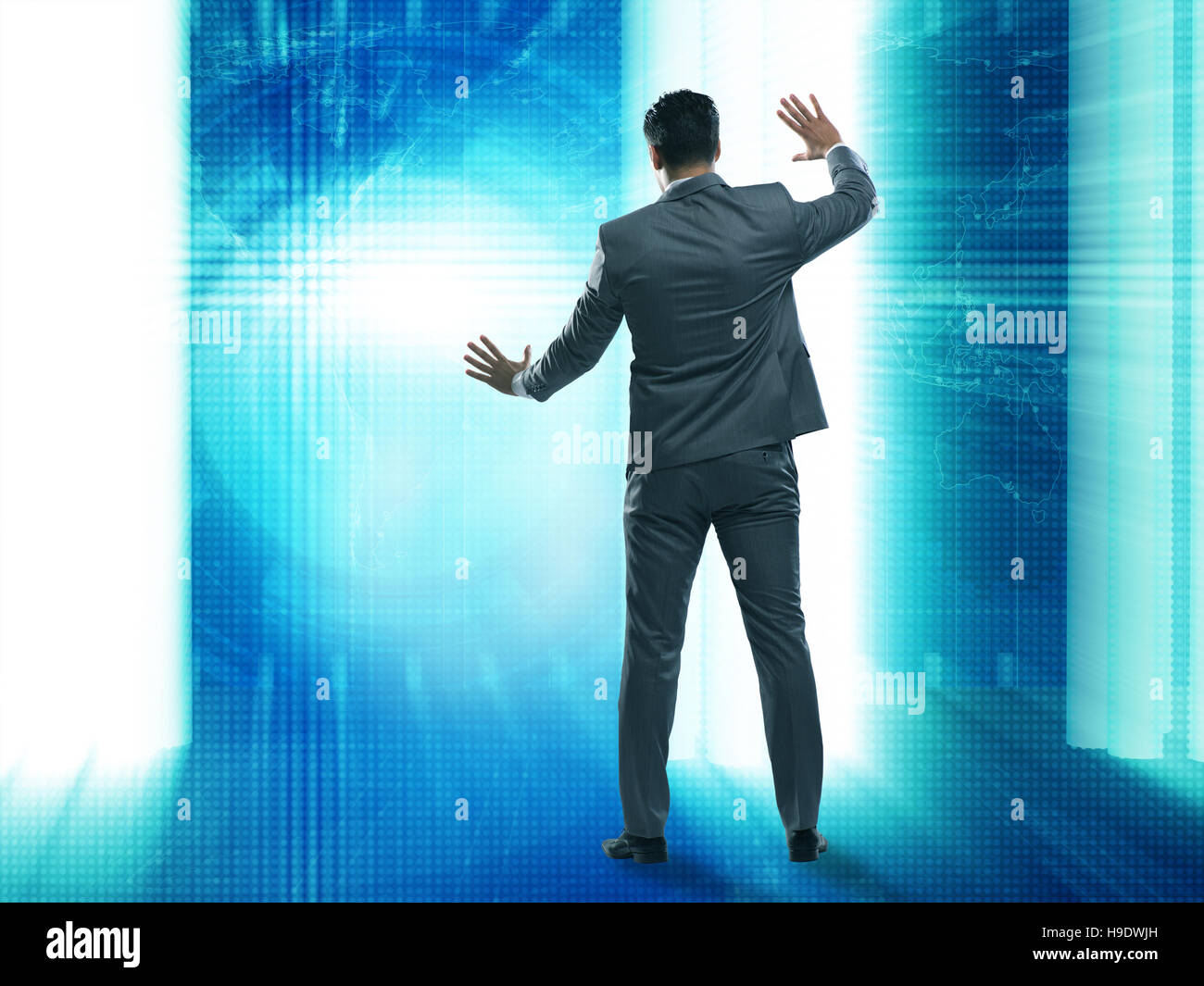 Businessman pressing virtual buttons in futuristic concept Stock Photo ...
