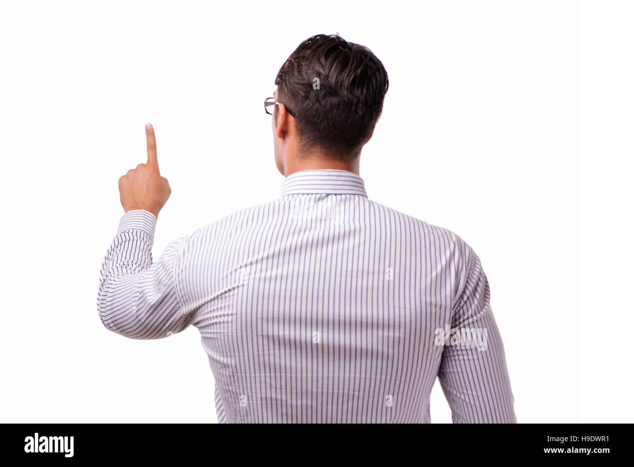 Young handsome businessman pressing buttons isolated on white Stock ...