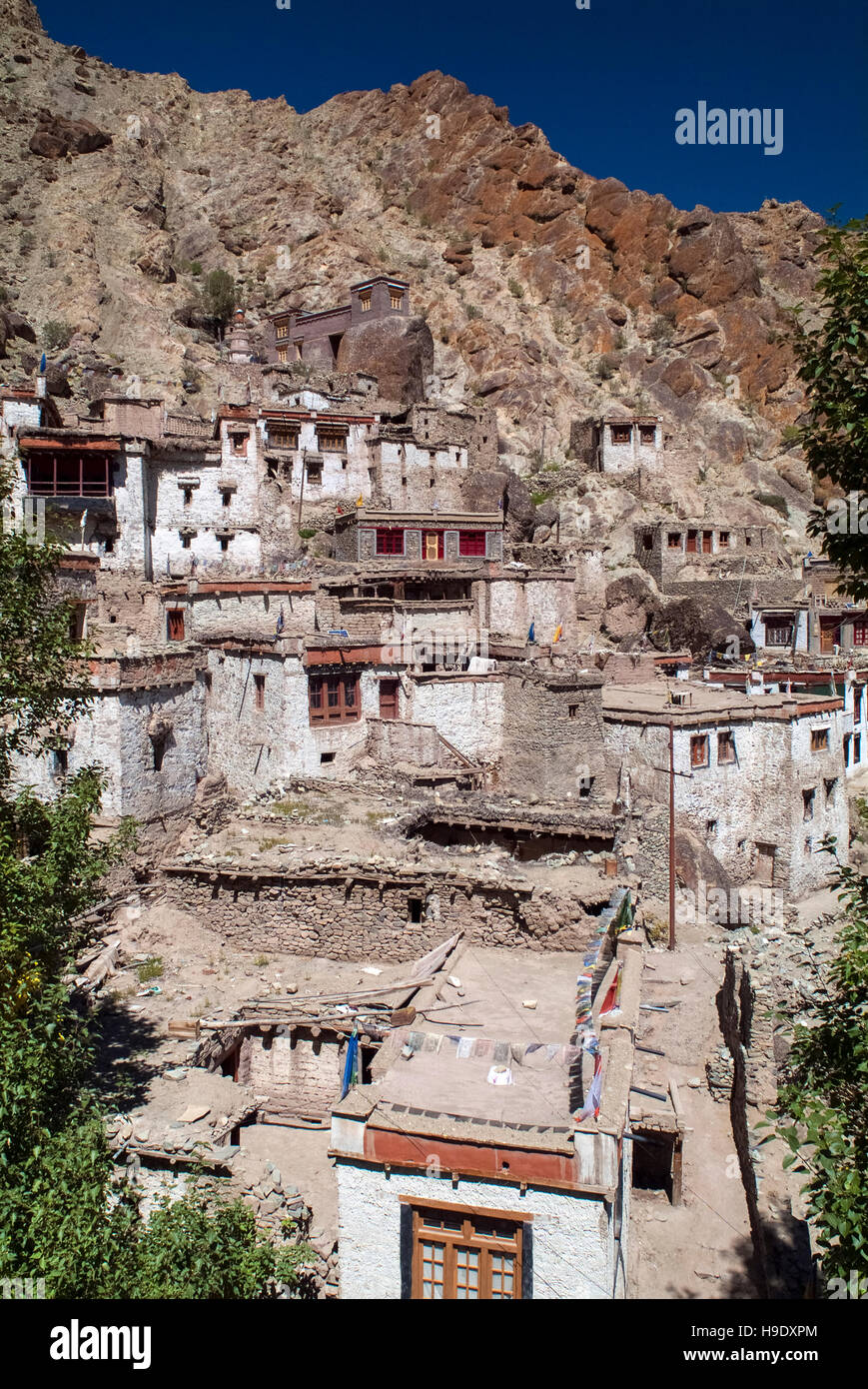 The plum coloured Hemis Gompa sitting above a collage of stone grey and ...