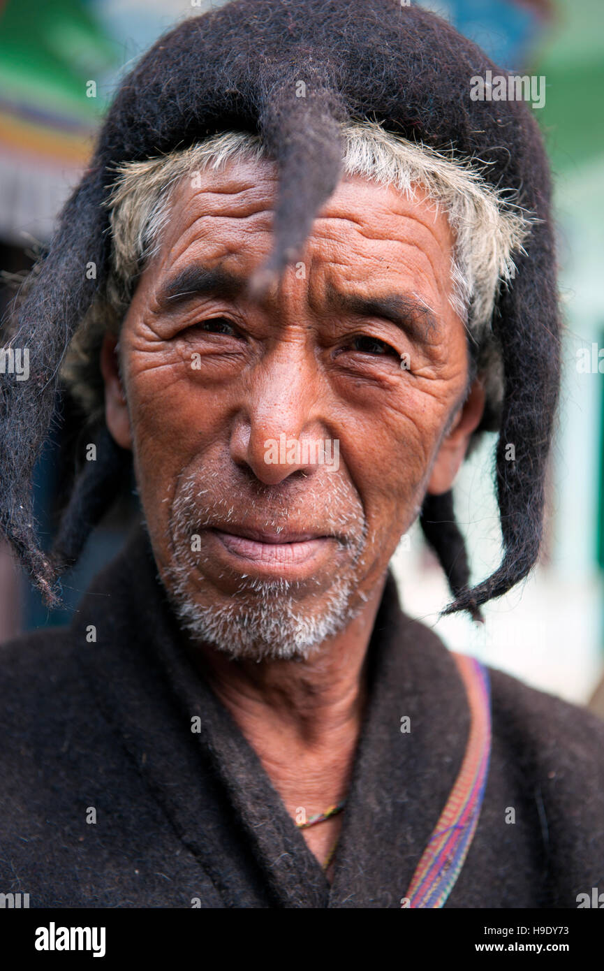 A Monpa man in traditional dress in the remote Tawang Valley, Arunachal ...