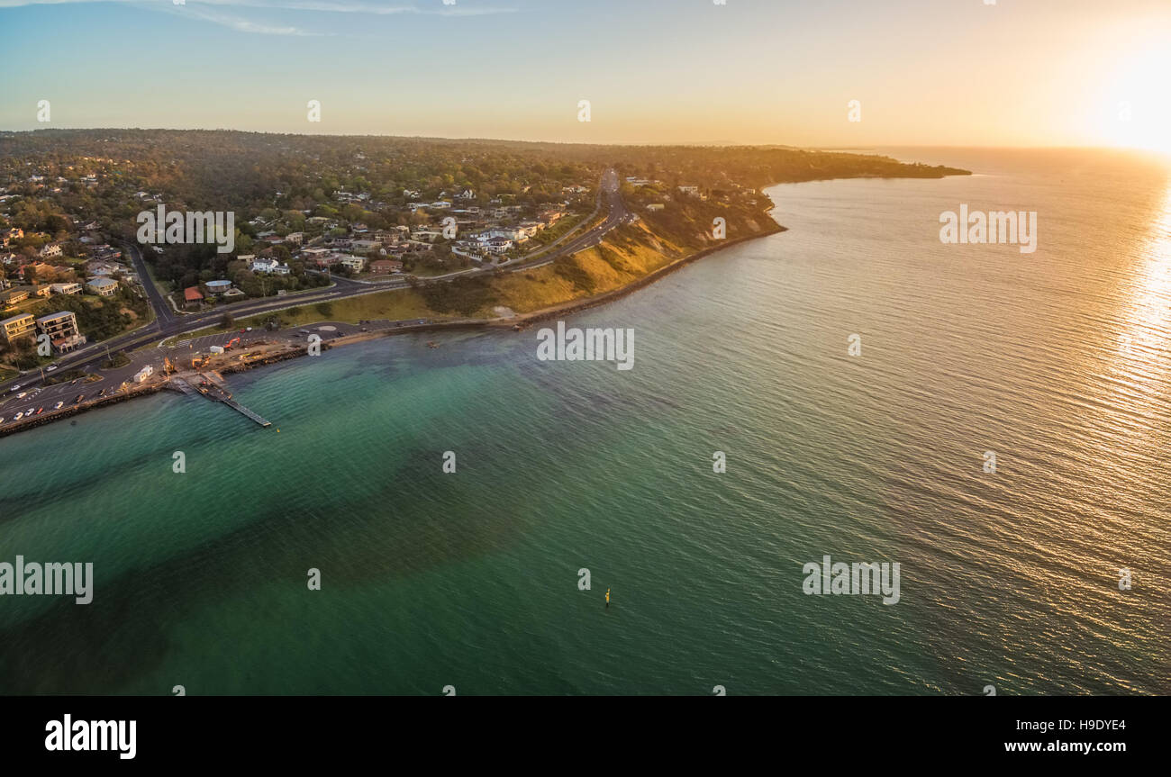 Aerial panorama of Mornington Peninsula coastline and Nepean Highway at ...