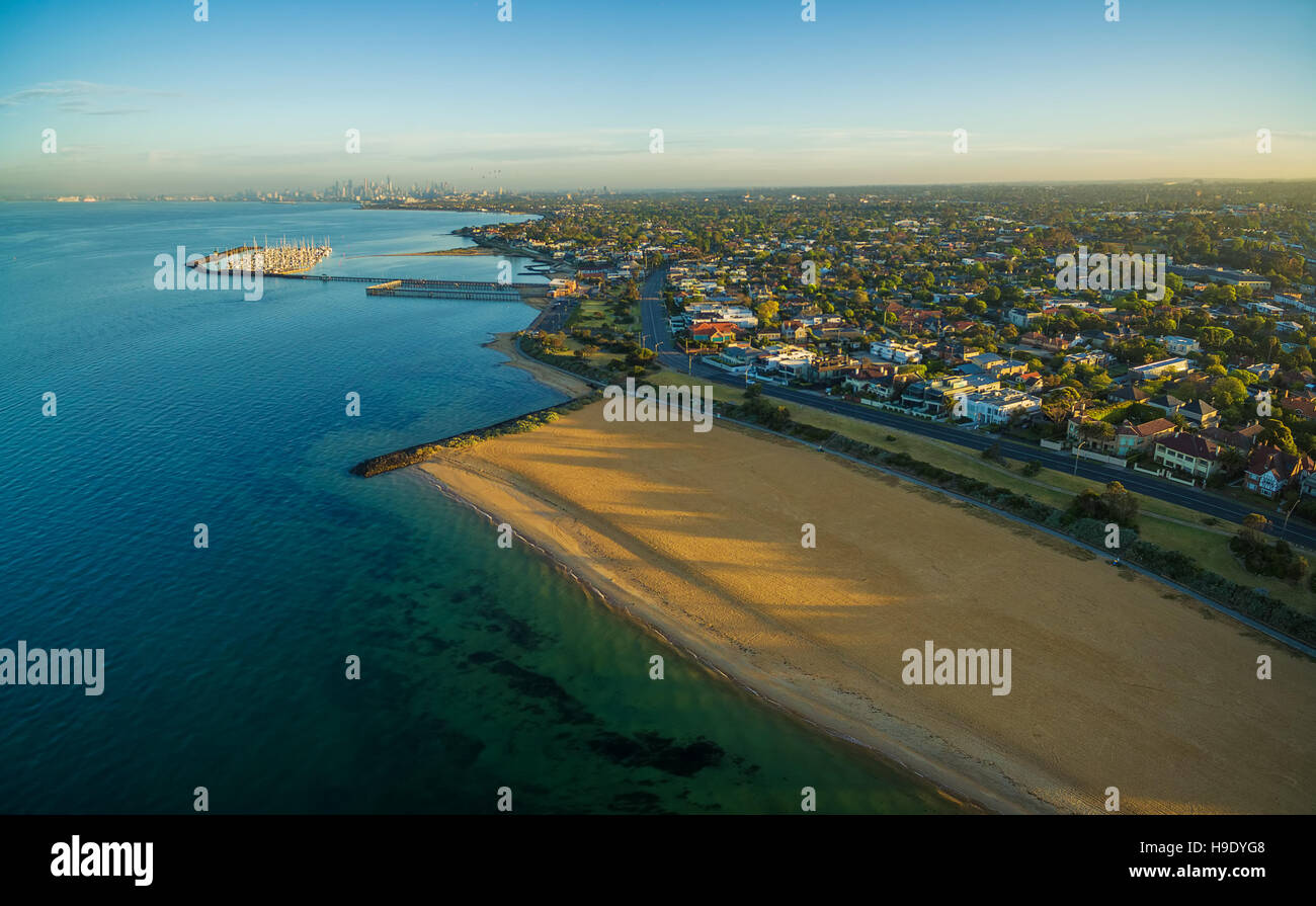 Aerial view of Brighton beach and suburb at sunrise. Melbourne ...