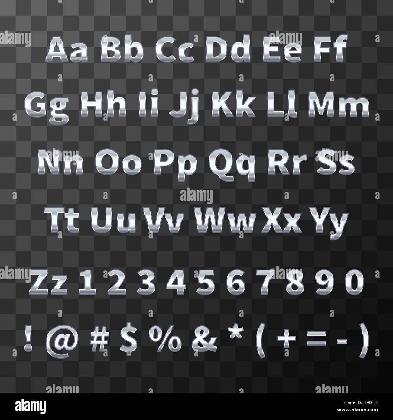 Glossy metal font. Chromium latin letters and numbers on transparent ...