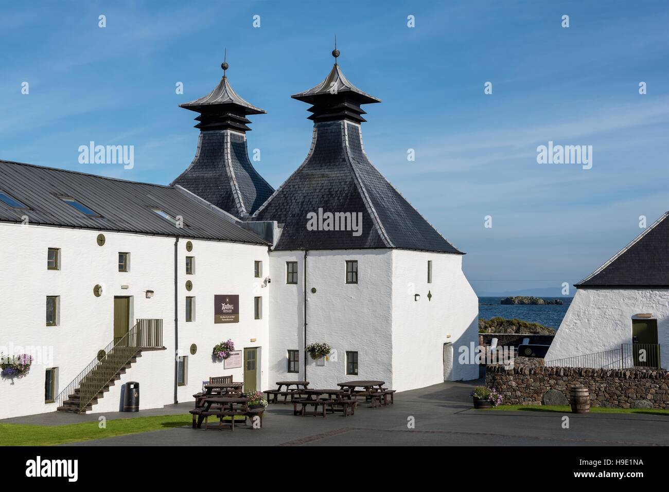 Ardbeg whiskey distillery towers, Islay, Inner Hebrides, Scotland ...