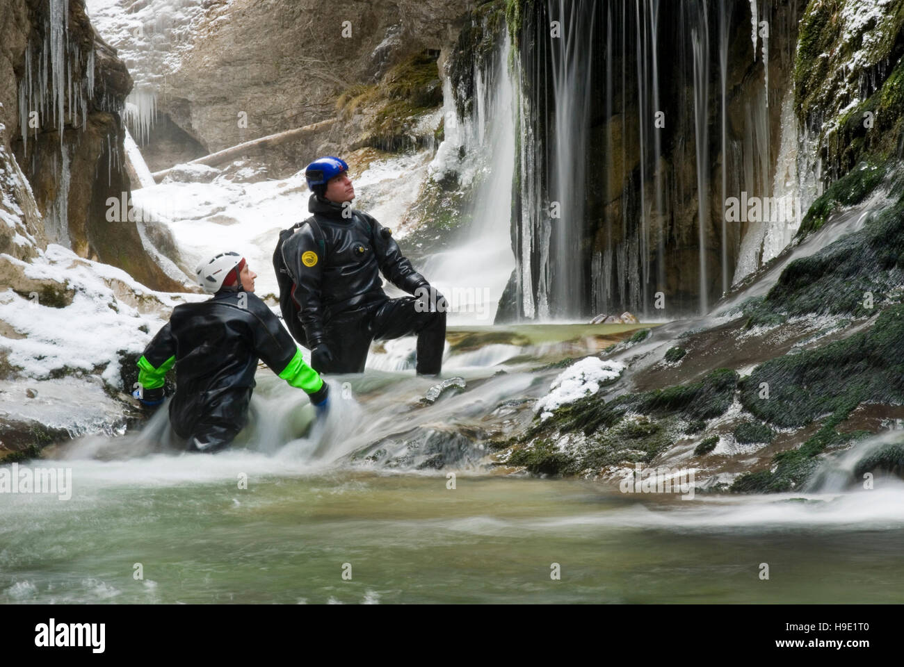 Canyoning in winter in the Haselschlucht gorge in the Kalkalpen ...
