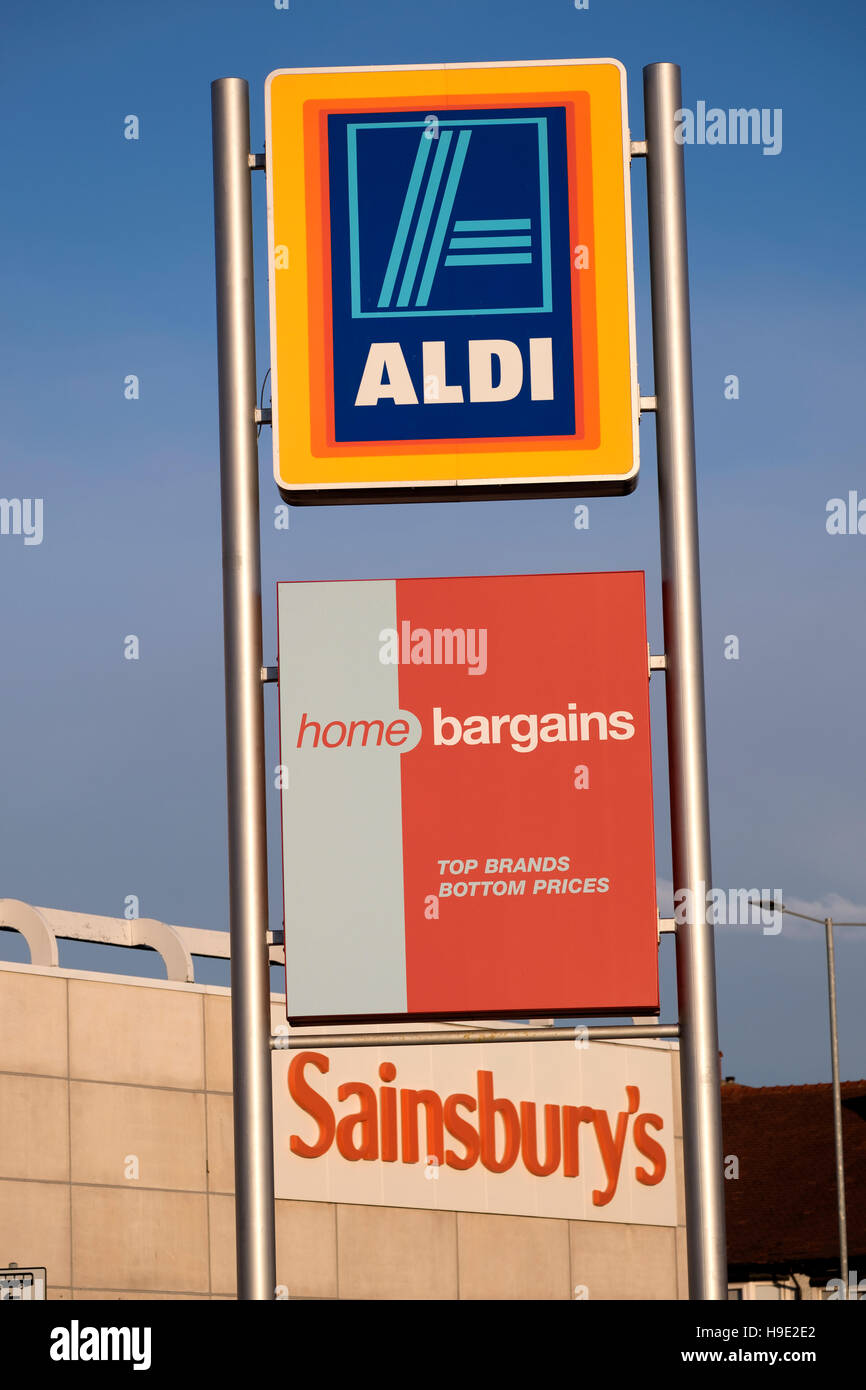 Aldi, Home Bargains, and Sainsbury's Sign Stock Photo - Alamy