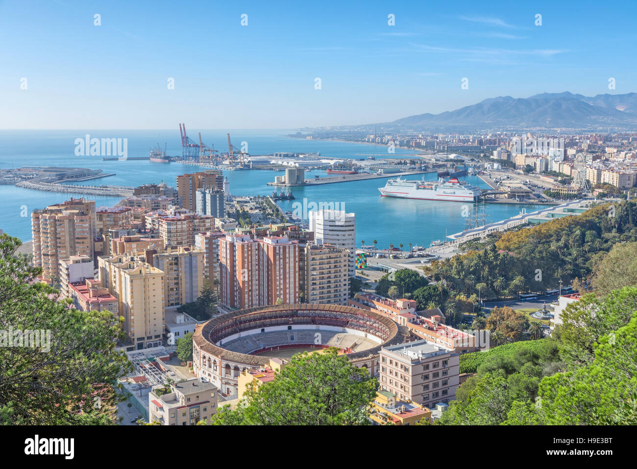 Bullring arena and port in Malaga, Andalusia, Spain Stock Photo - Alamy
