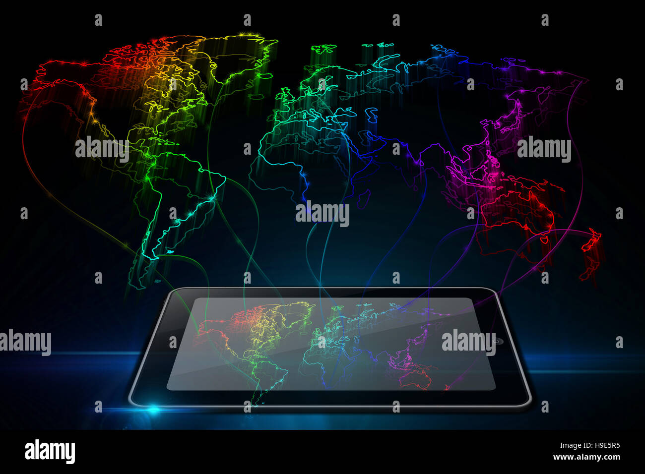 Neon outline map of the world from tablet on black background Stock ...