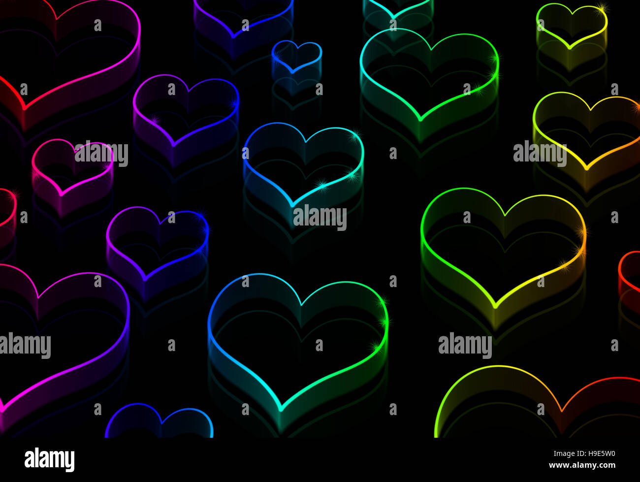 Neon hearts on the black - Love background Stock Photo - Alamy